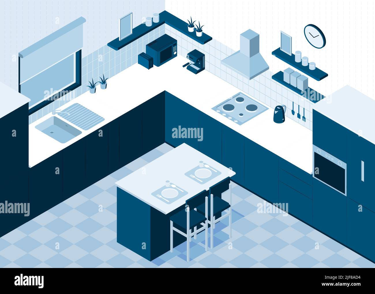Isometric kitchen horizontal composition with monochrome view of room ...