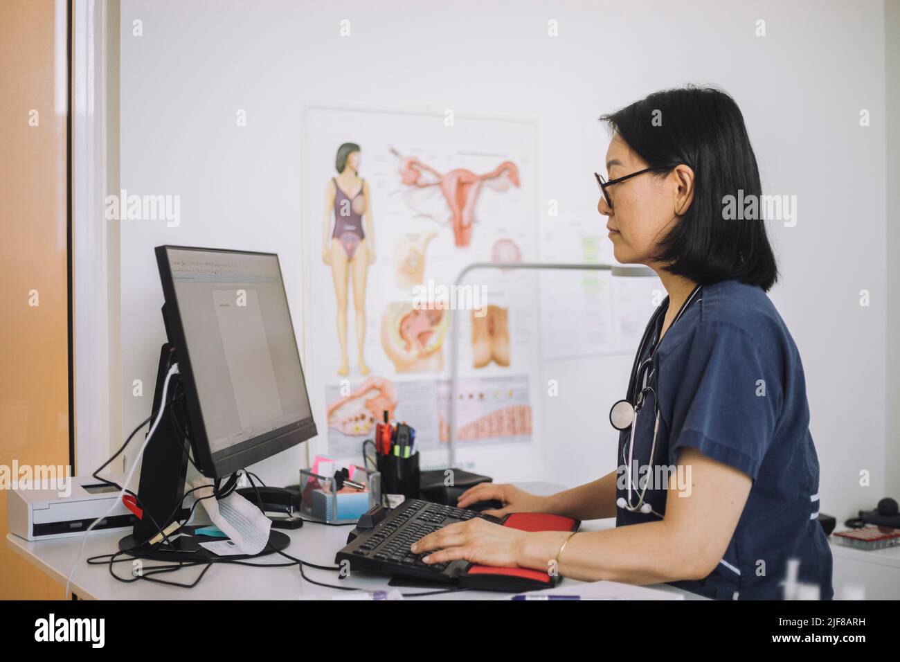 Side view of female healthcare expert using computer sitting at desk in ...