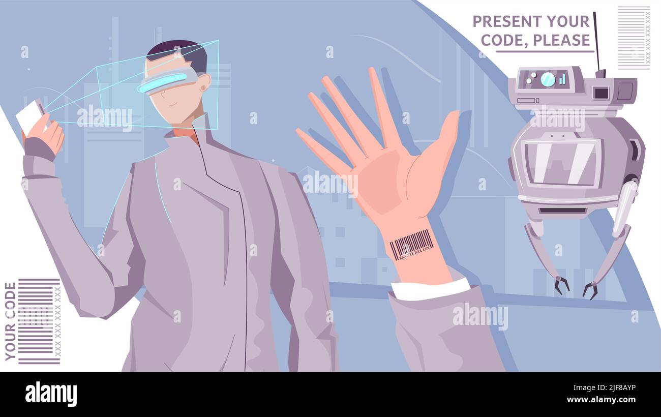 People barcode flat composition with abstract background and human ...