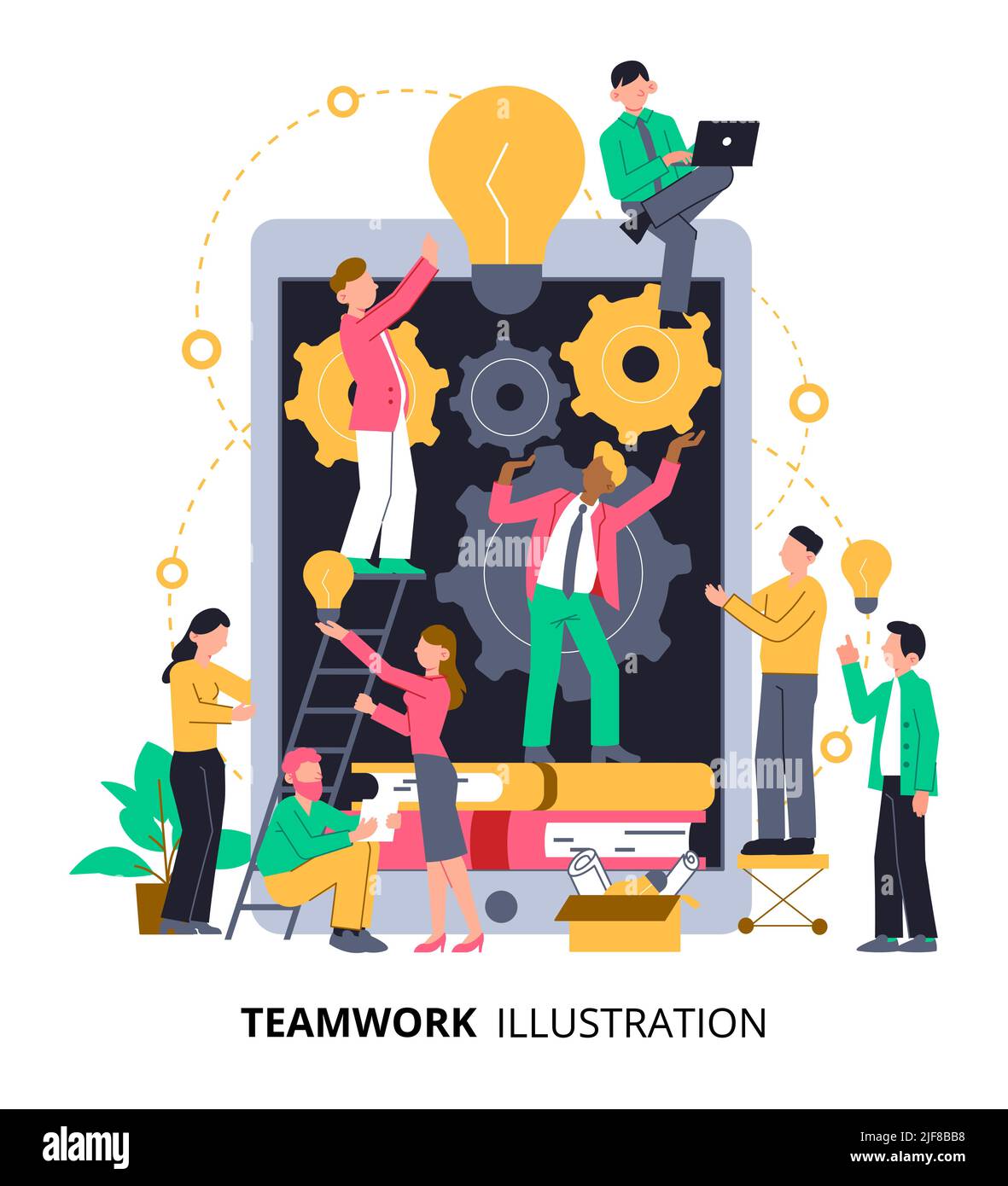 Teamwork composition with text and images of tablet with gear idea ...