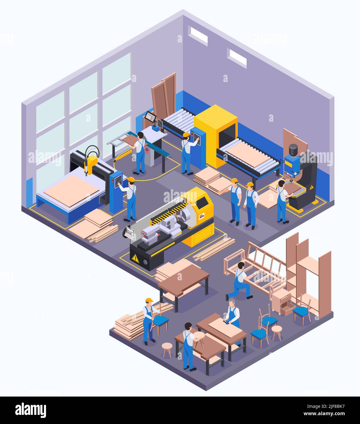 Furniture production isometric vector illustration of factory floor ...