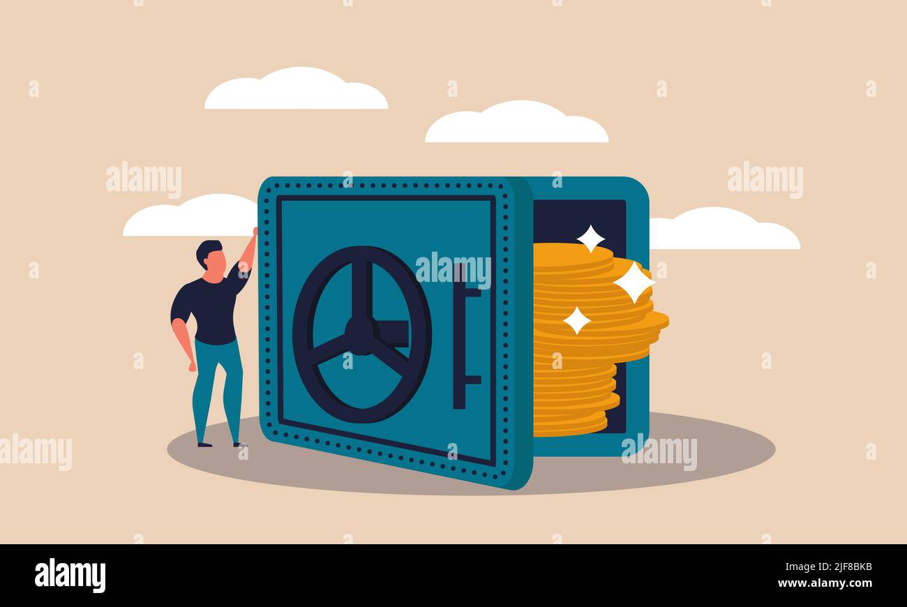 Finance access lock and financial gold cash insurance opportunity. Man ...