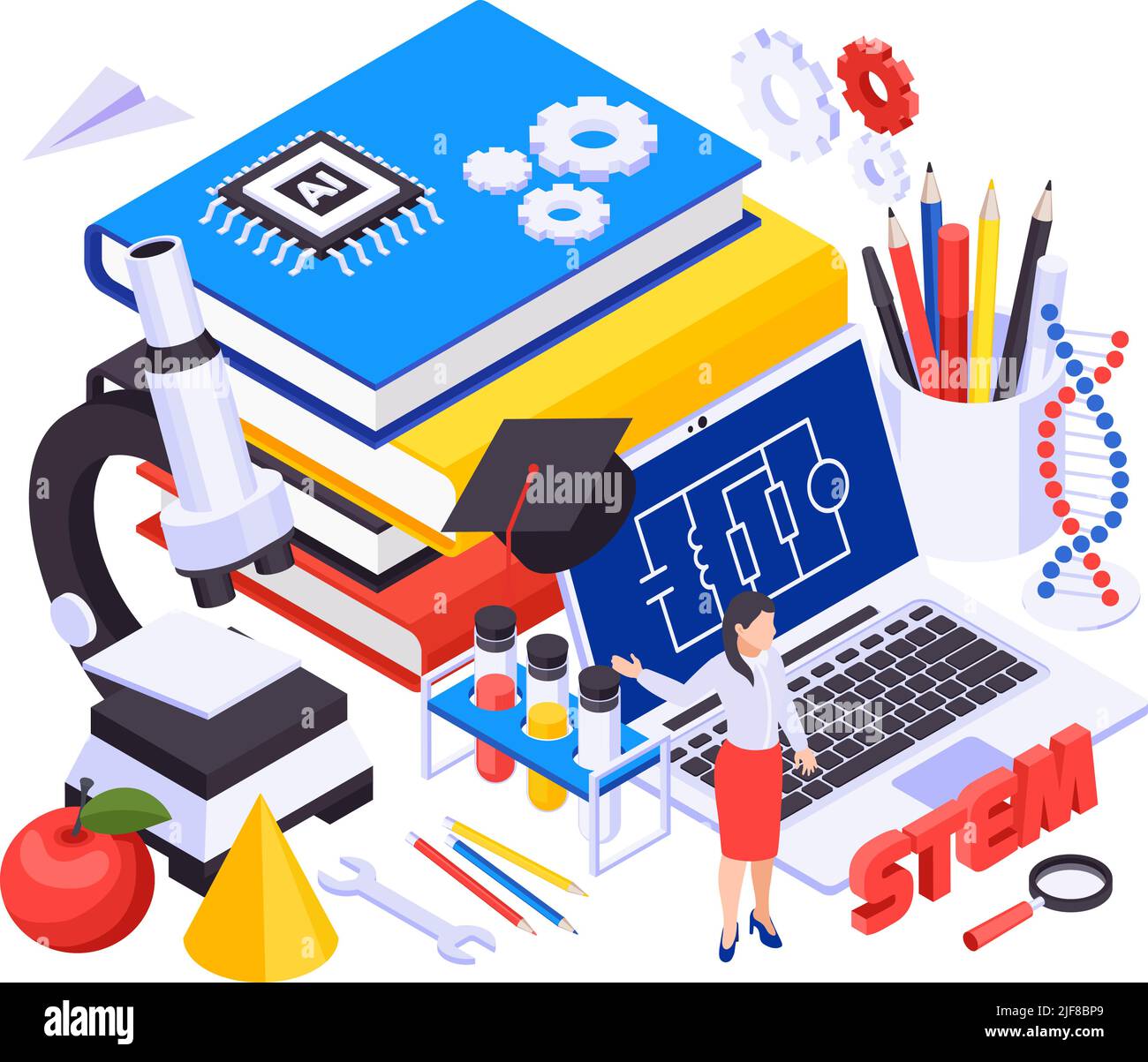 STEM education isometric concept with stack of textbooks microscope ...