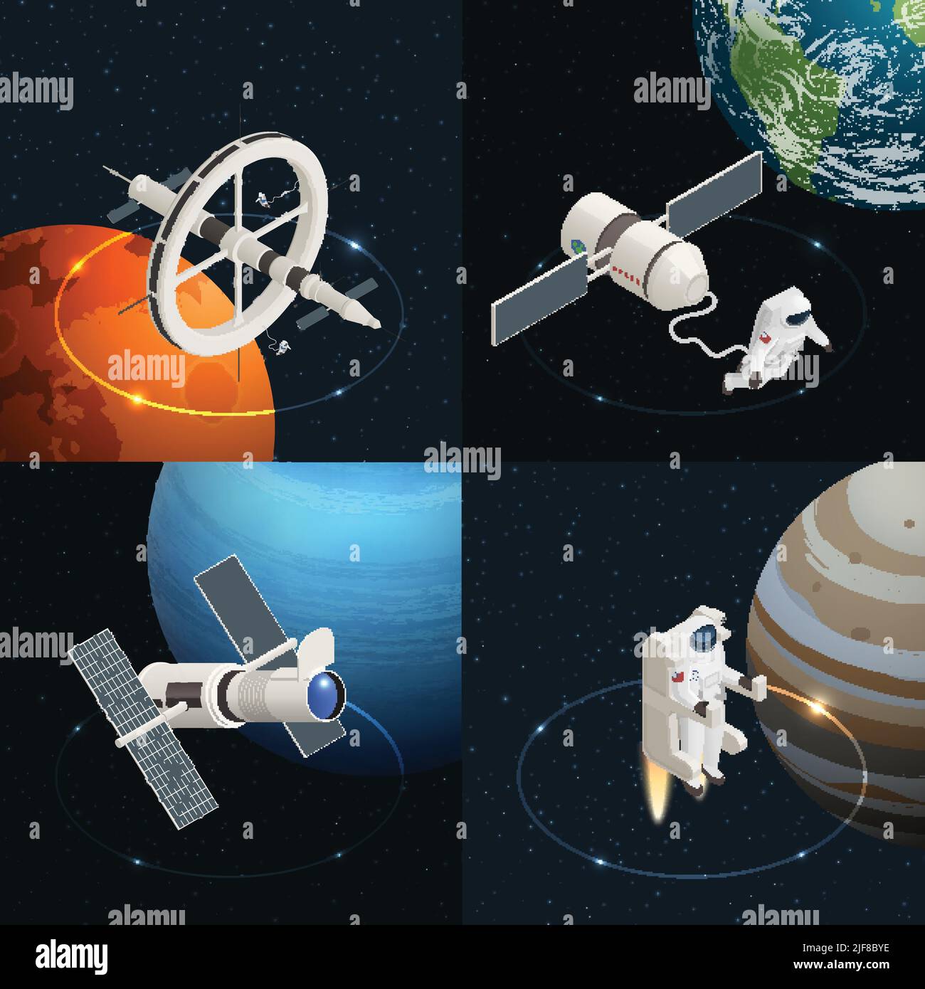 Astronomy 2x2 design concept with astronauts station telescope in outer ...