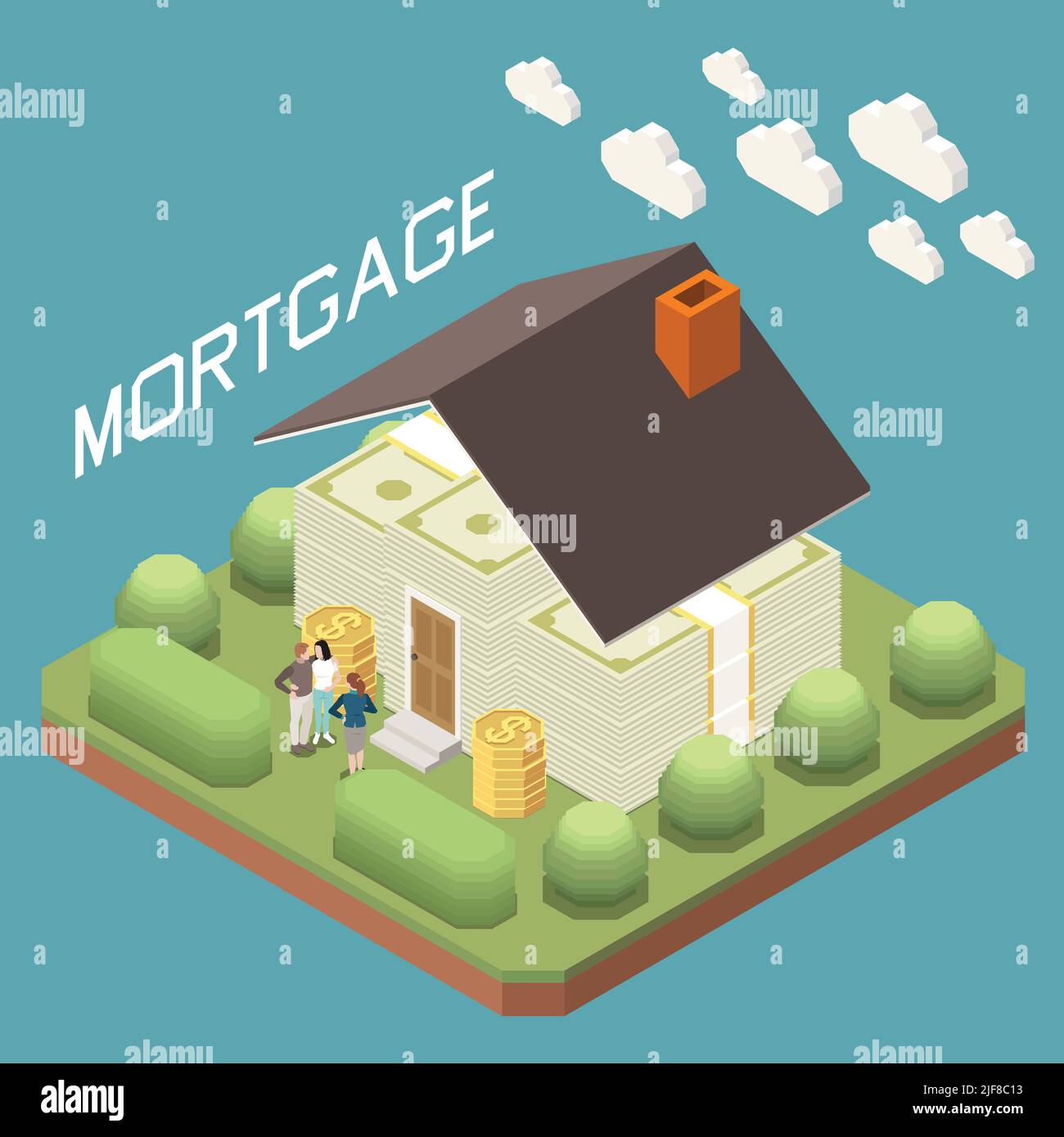 Bank mortgage for buying home isometric composition with family in ...