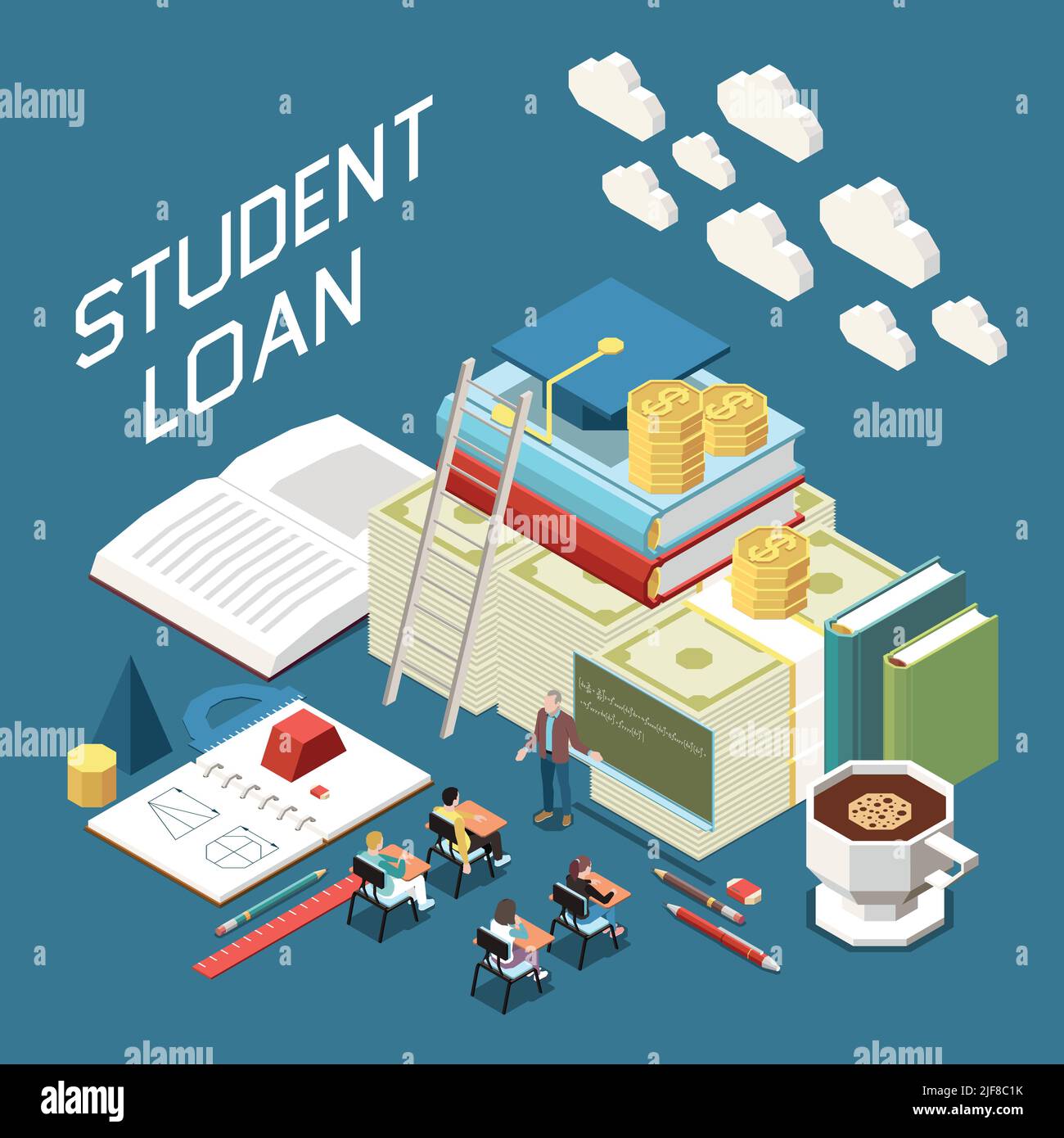 Student beneficial loan packages isometric composition with textbooks ...