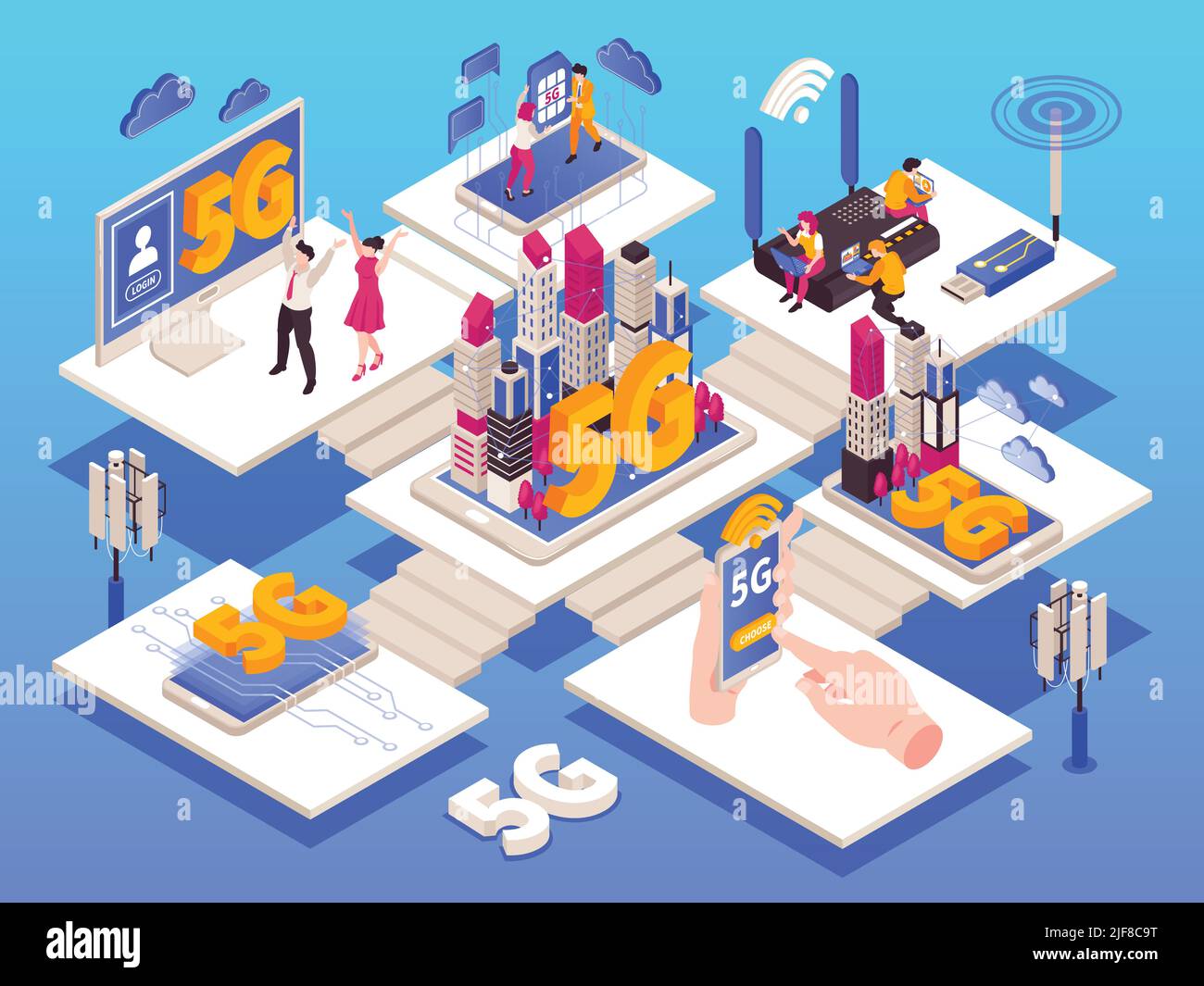 5g internet composition with set of isometric platforms with images of ...