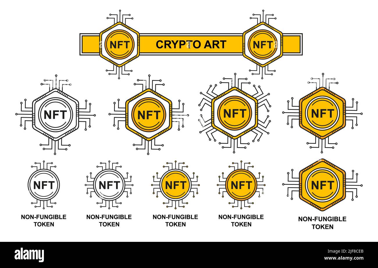 NFT non-fungible token cryptocurrency coin money blockchain technology icon set. Sell digital ...