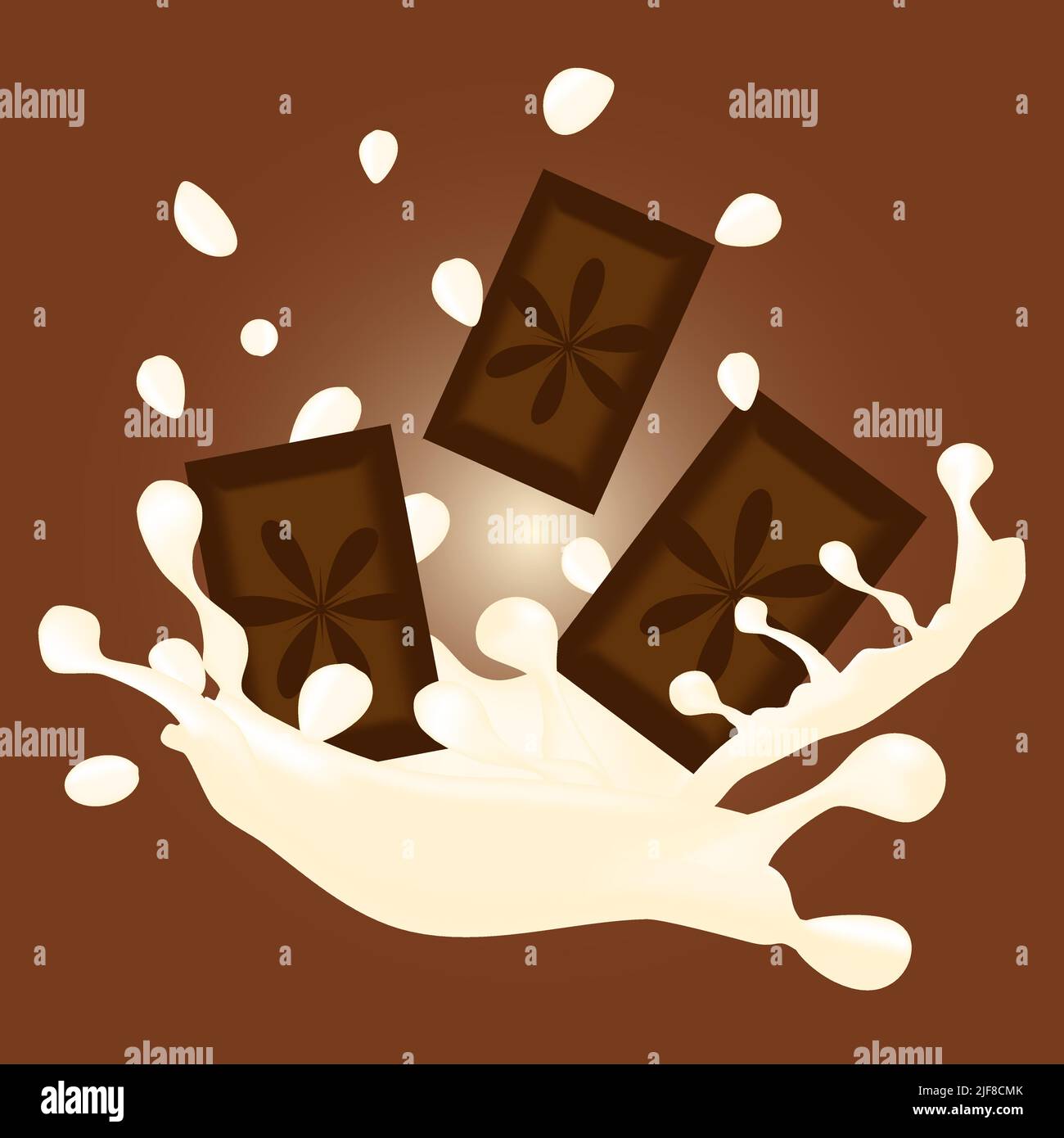 Falling chocolate pieces with sprinkles, drops and splashes of white ...