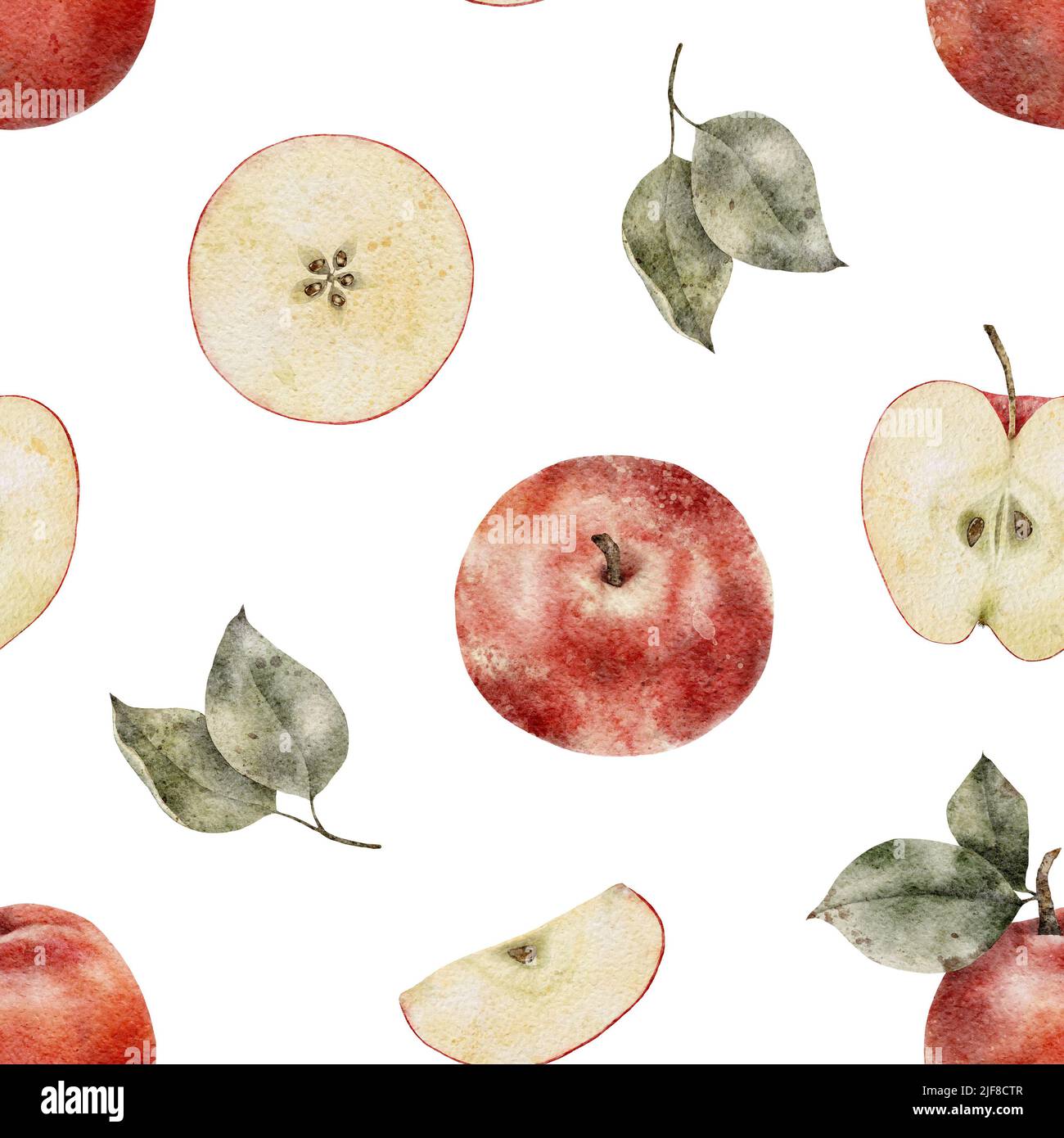 Watercolor red apple seamless pattern. Hand drawn Fruits illustration ...
