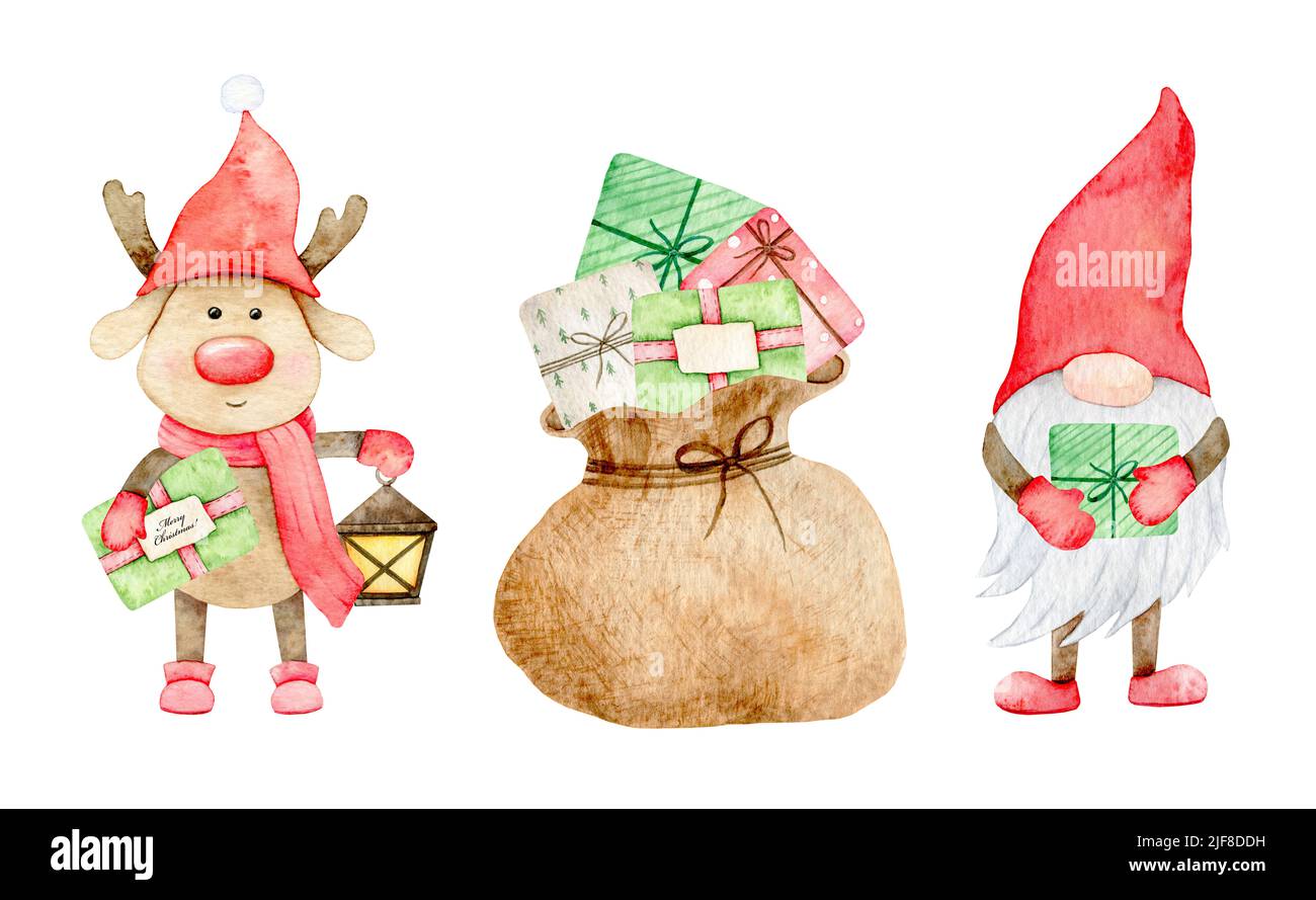 Adorable Christmas Gnome and deer, scandinavian elf with giftbox ...