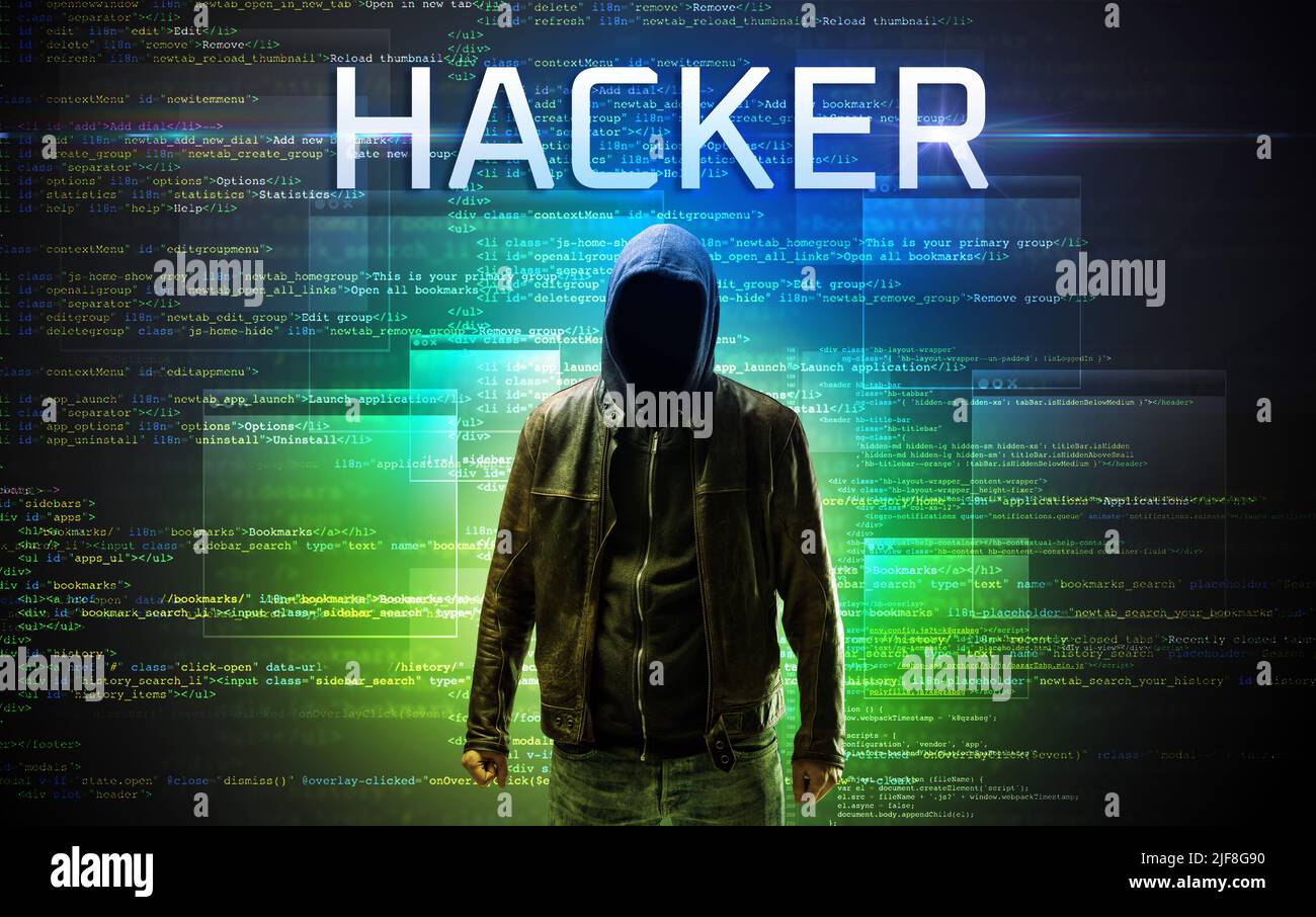 Faceless hacker on code background Stock Photo - Alamy