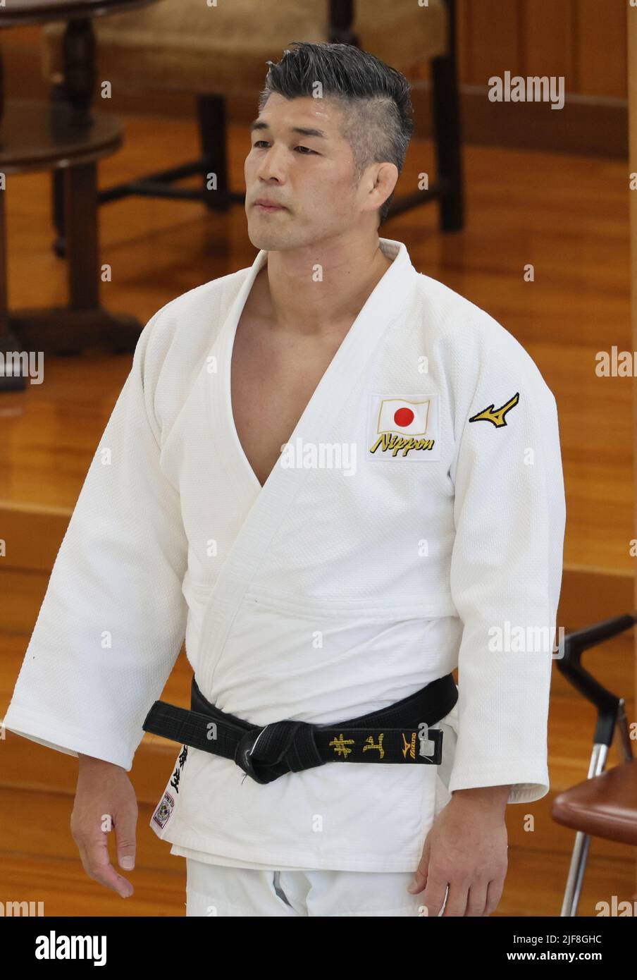 Tokyo, Japan. 30th June, 2022. Japan's Olympic judo gold medalist Kosei Inoue smiles as he ...