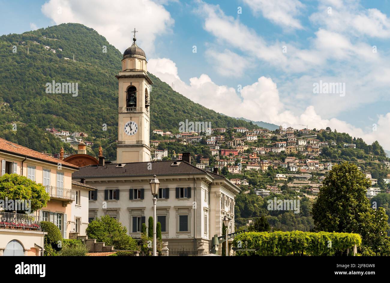 View of the Bell Tower of San Vincenzo Sanctuary in Cernobbio, province ...