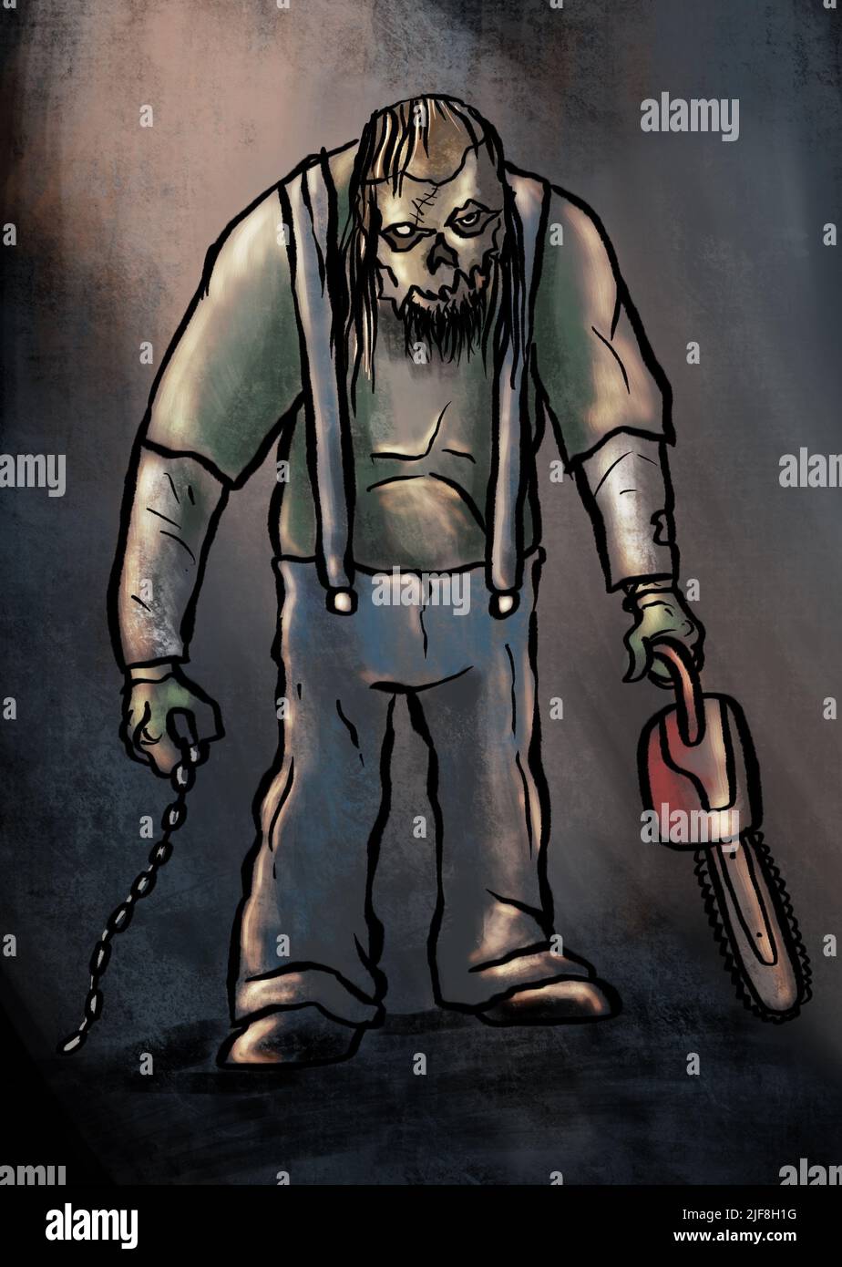 evil serial killer with mask and chainsaw hand drawn illustration Stock ...