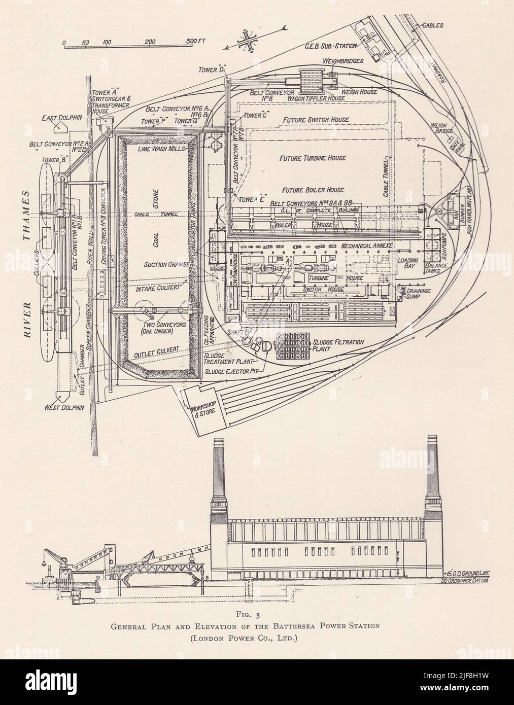 Vintage general plan and elevation of the Battersea Power Station Stock ...