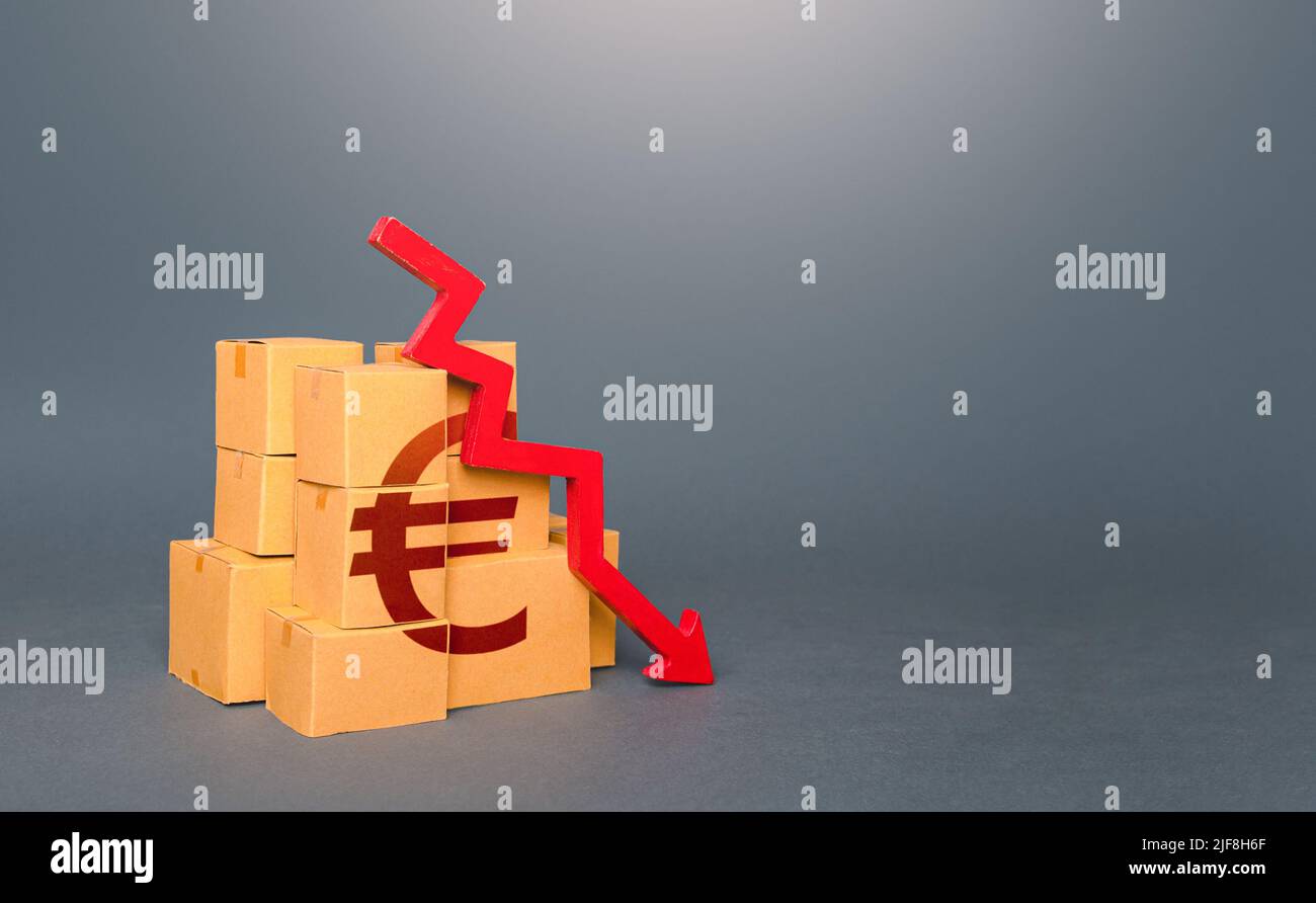 Boxes with euro symbol and down arrow. Decrease in stocks of products ...
