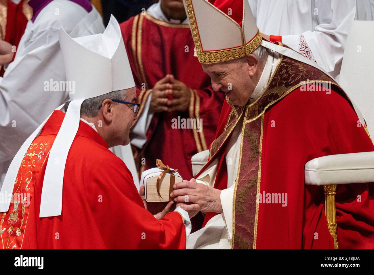 Vatican, Vatican. 29th June, 2022. Pope Francis blesses and gives the ...