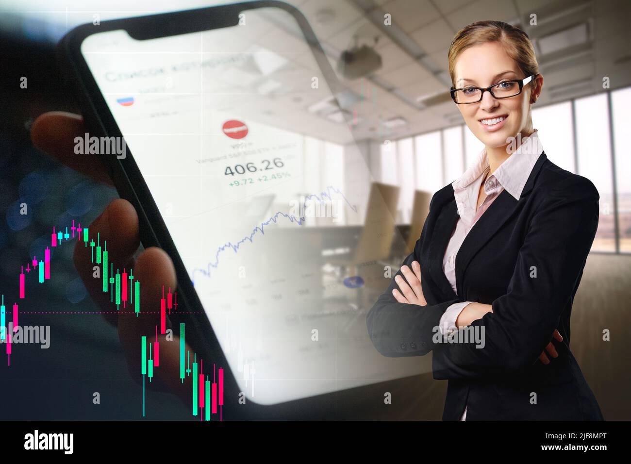 Executive woman and cell phone with economic indicators Stock Photo - Alamy