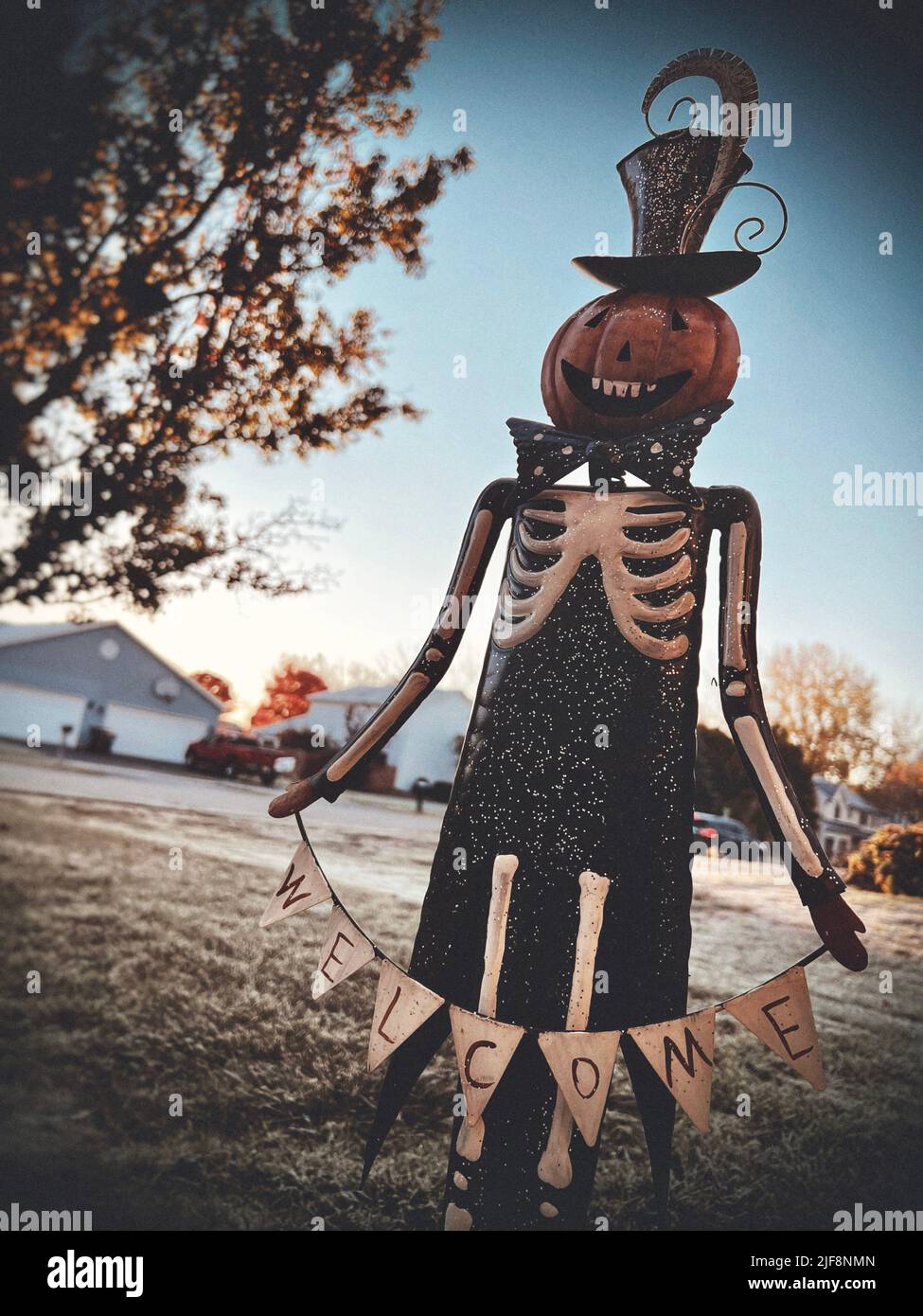 A vertical shot of a creepy Halloween pumpkin skeleton scarecrow ...