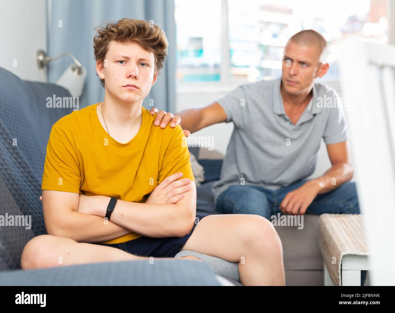 Portrait of father calming upset teenage son after quarrel at home ...