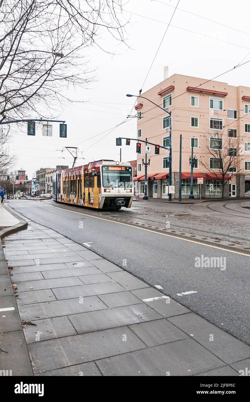 Tri-Met light-rail mass transit train to Beaverton, downtown Portland ...