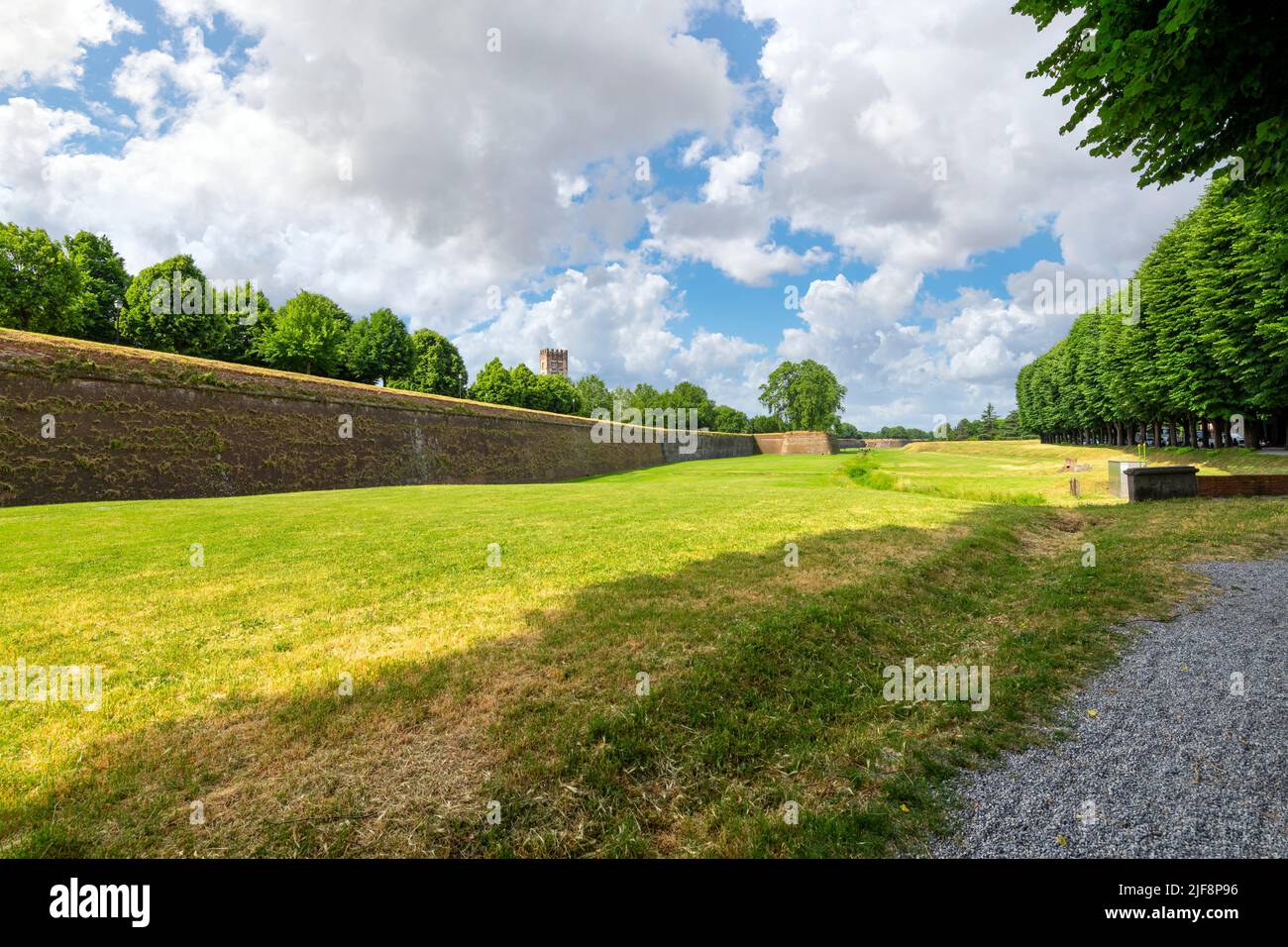 Wide angle view of the historic walls of the fortified town of Lucca ...