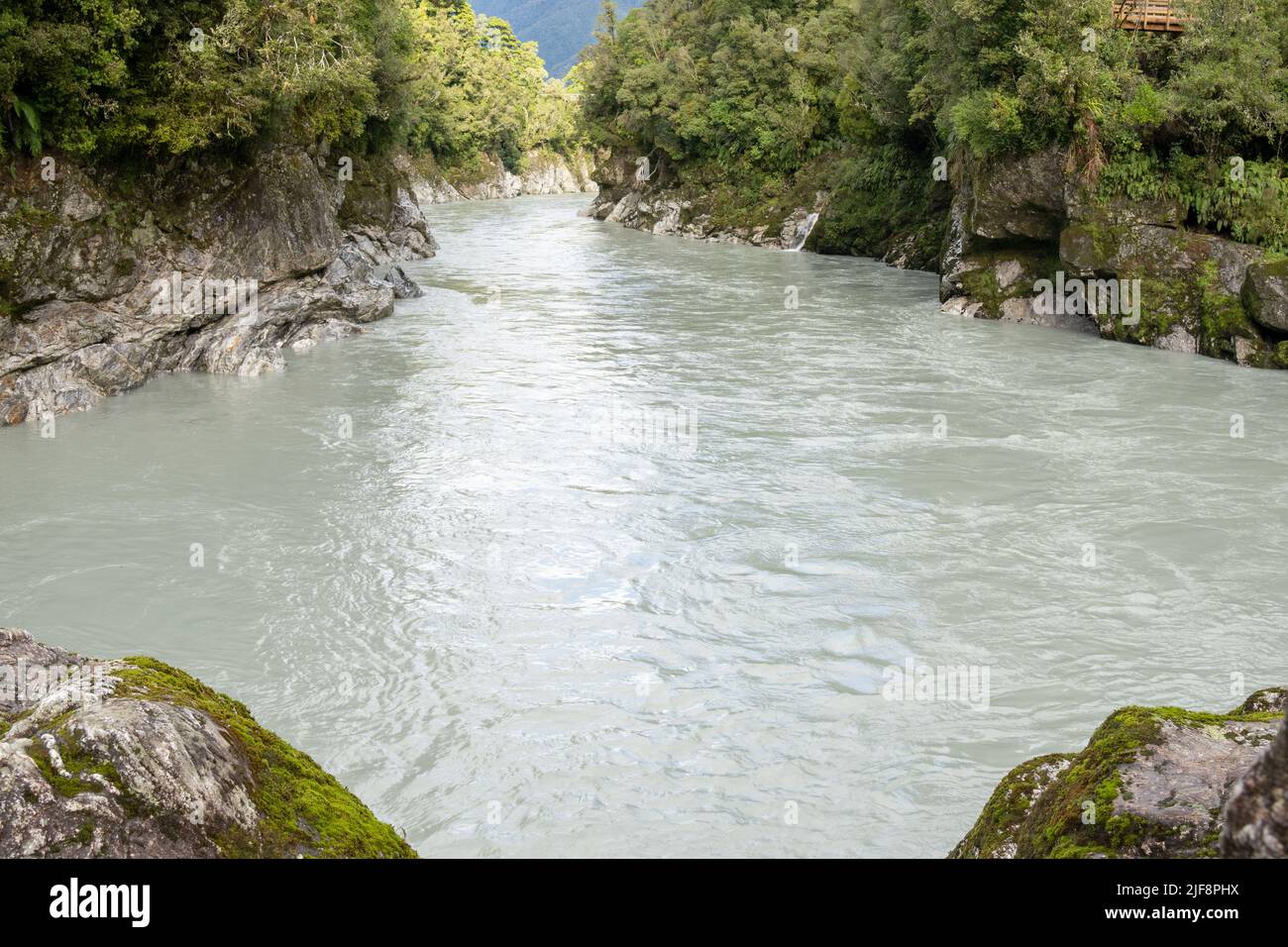 Hokitika River flowing to coast through scenic Hokitika Gorge to west ...