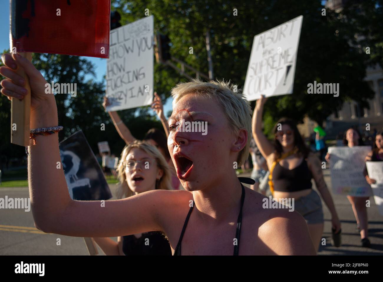 Topeka, Kansas, USA. 29th June, 2022. Pro-choice activists protest at ...