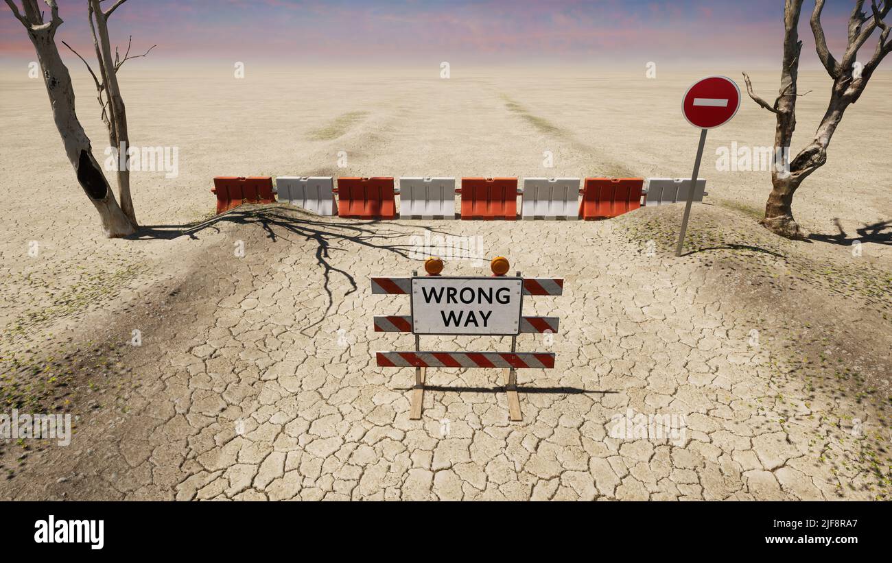 Wrong Way sign in a straight road in the desert to infinity, wide angle ...