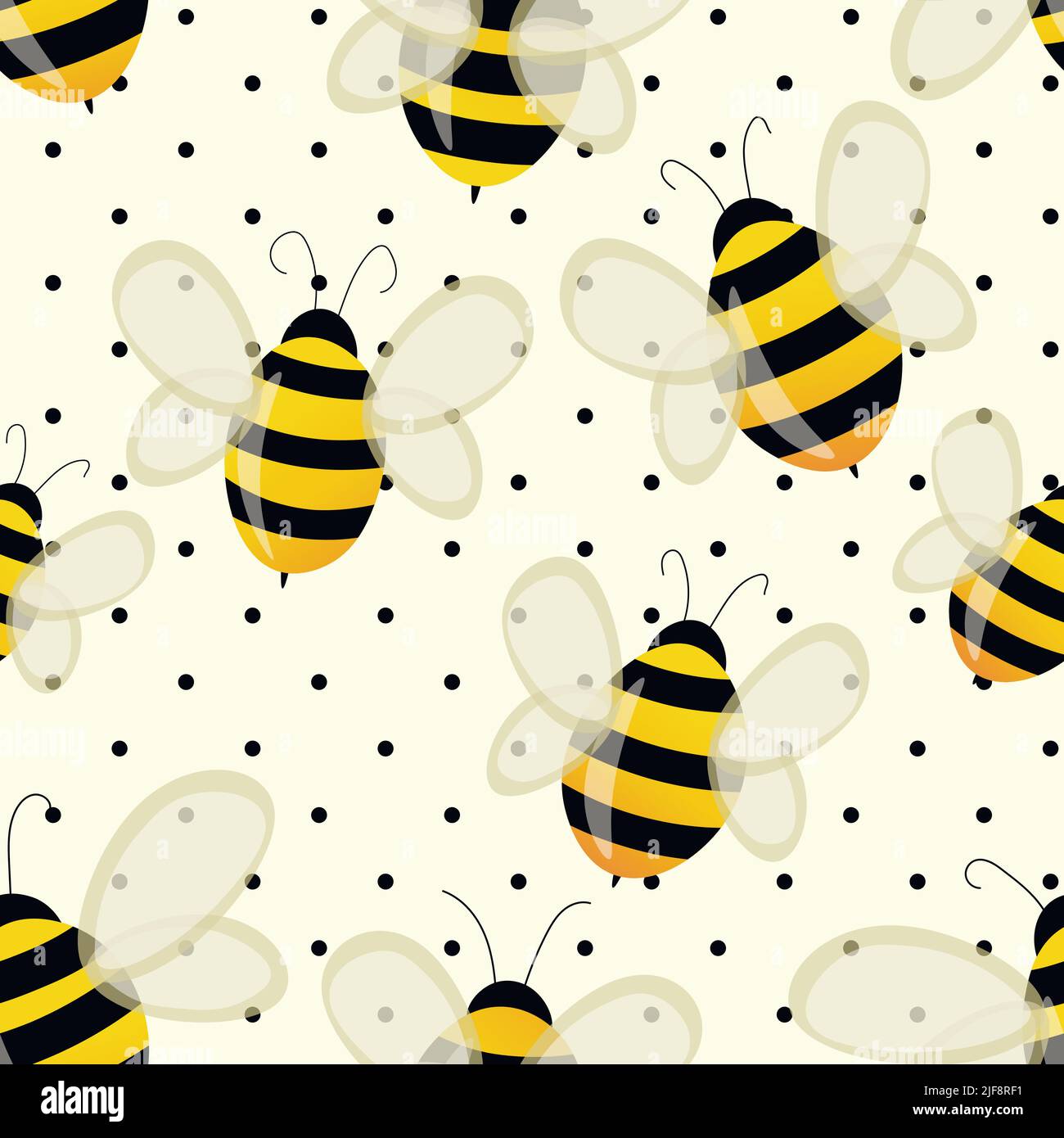 Seamless pattern with bees on white polka dots background. Small wasp ...