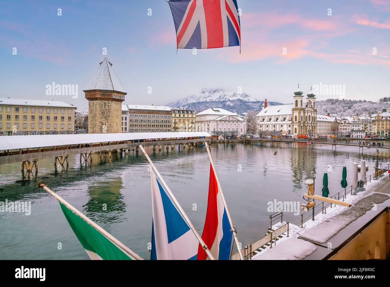 Historic city center of downtown Lucerne with Chapel Bridge and lake ...