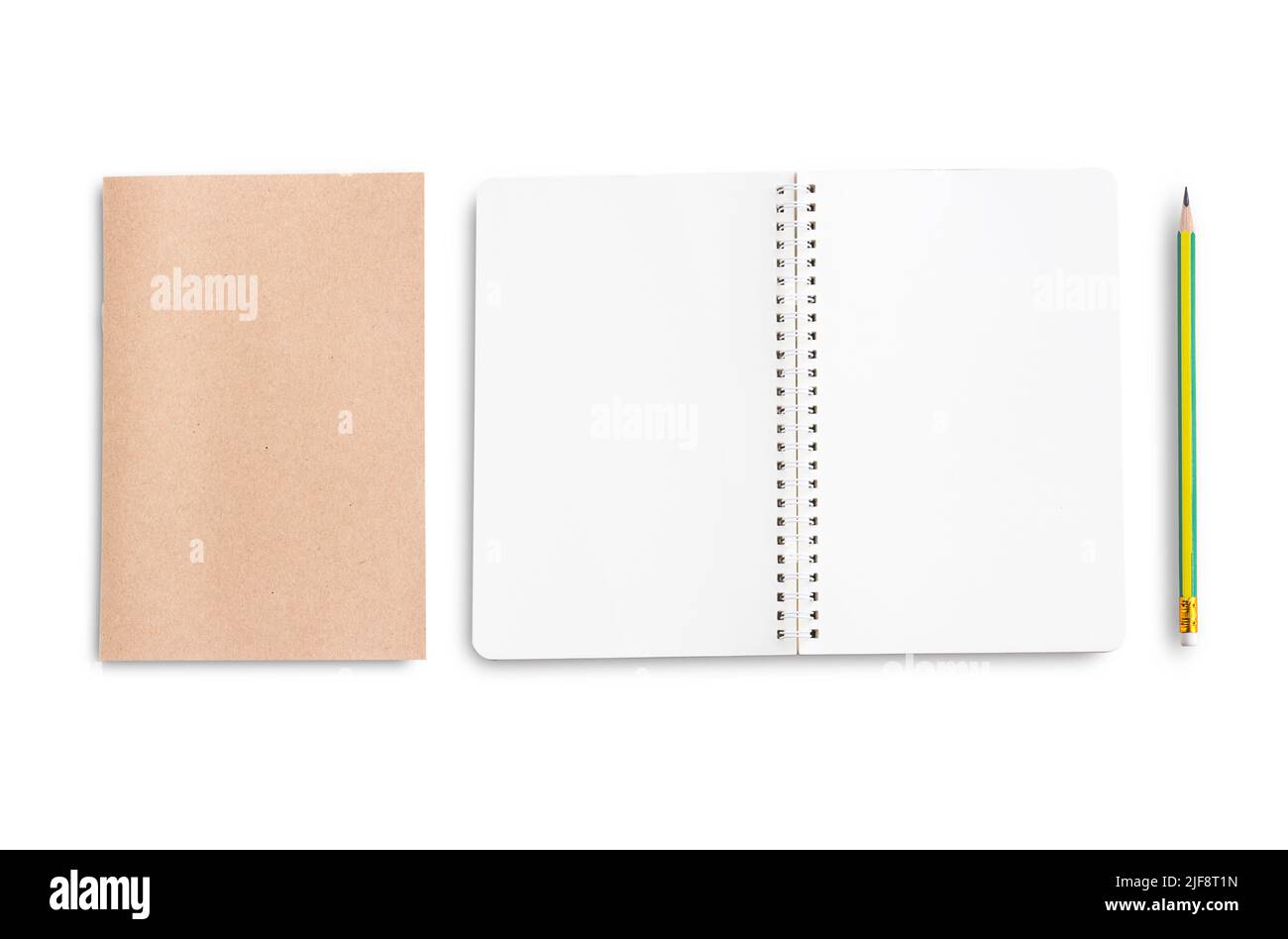 Top view of notebook or blank notepad and pencil isolated on white ...