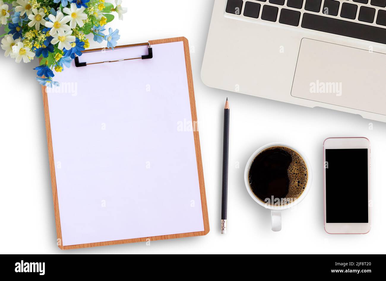 Top view clipboard with pencil,laptop computer,cup of coffee,smartphone ...