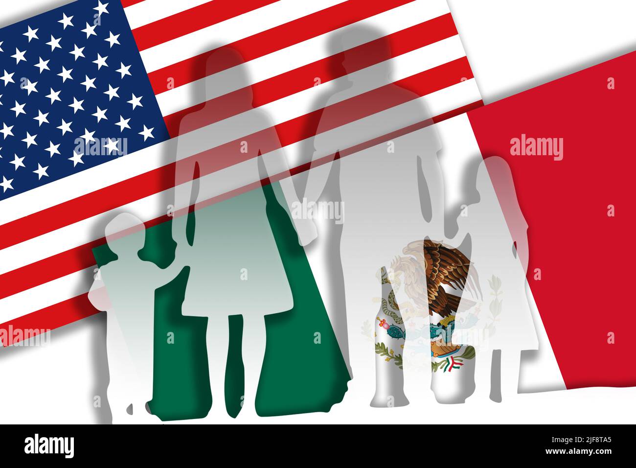 Migration / Immigration: family crossing the border and USA and Mexican ...