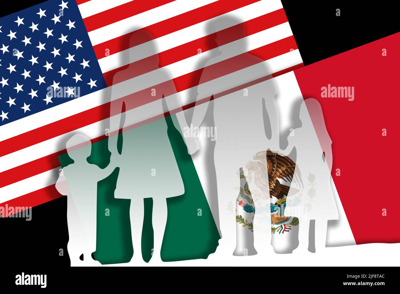 Migration / Immigration: family crossing the border and USA and Mexican ...