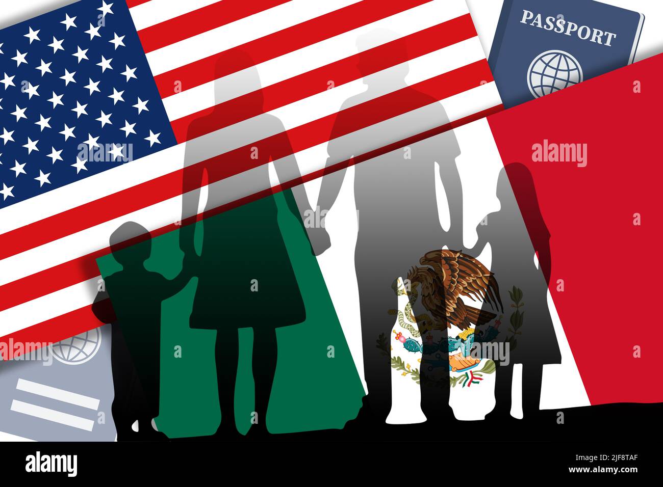 Migration / Immigration: family crossing the border and USA and Mexican ...