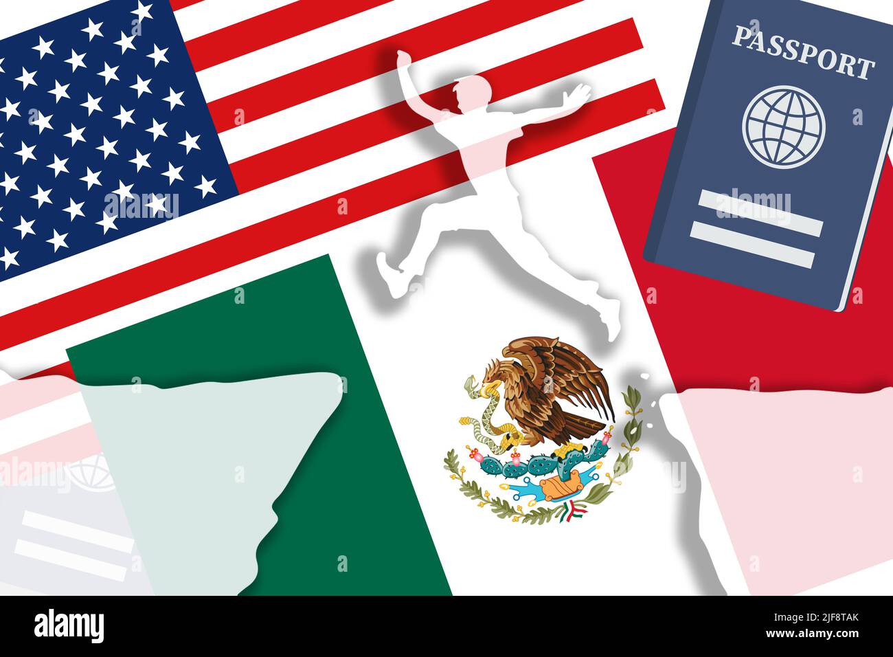 Migration / Immigration: man crossing the border and USA and Mexican ...