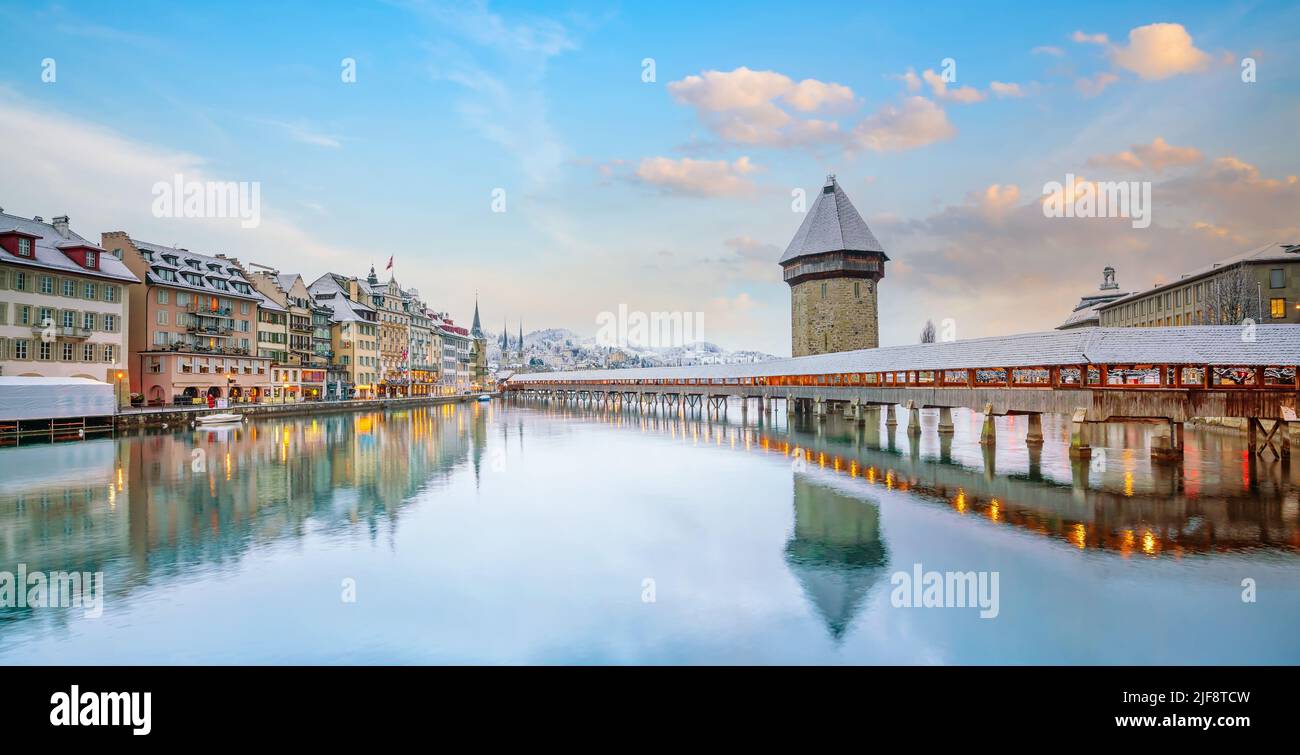 Historic city center of downtown Lucerne with Chapel Bridge and lake ...