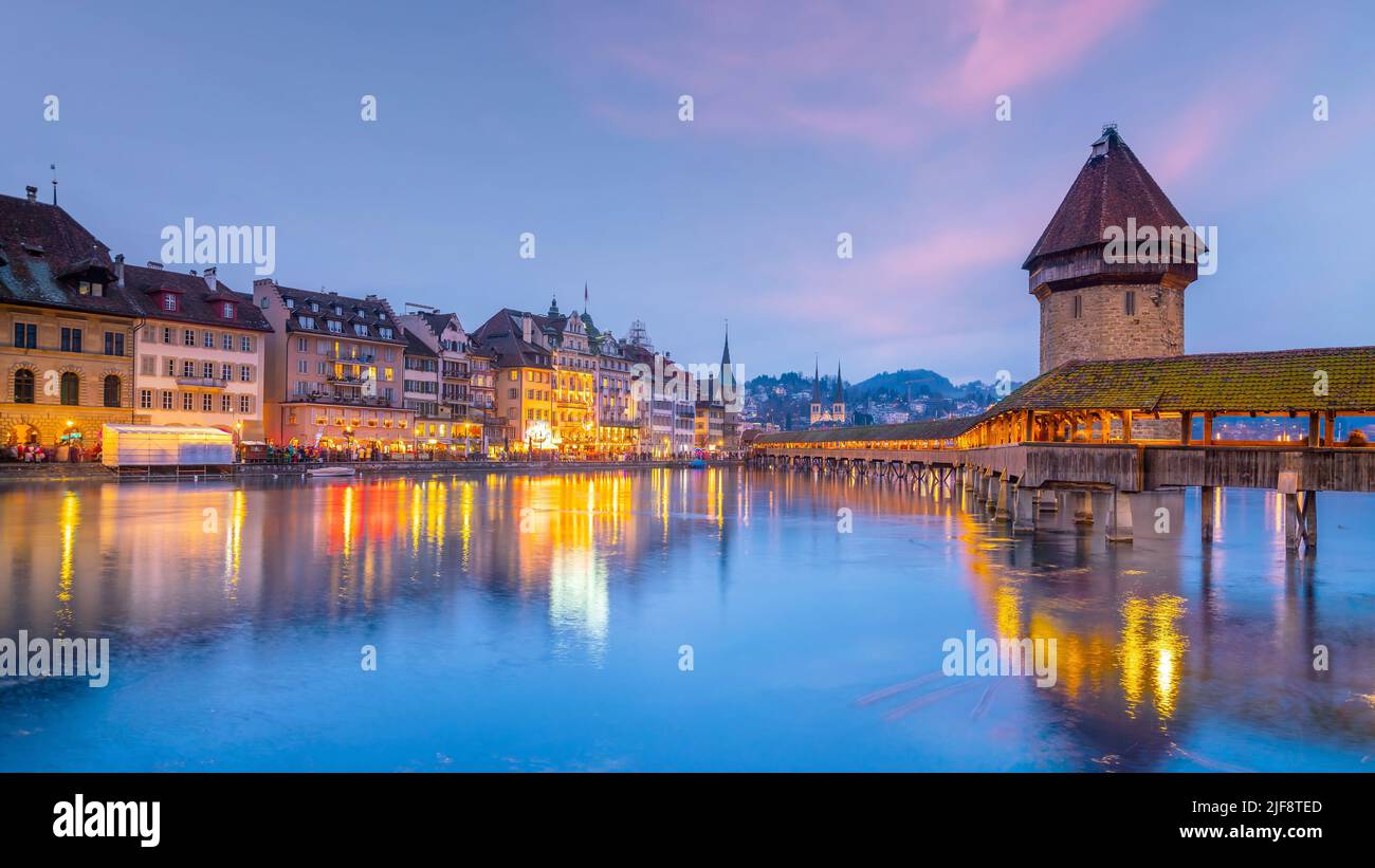 Historic city center of downtown Lucerne with Chapel Bridge and lake ...