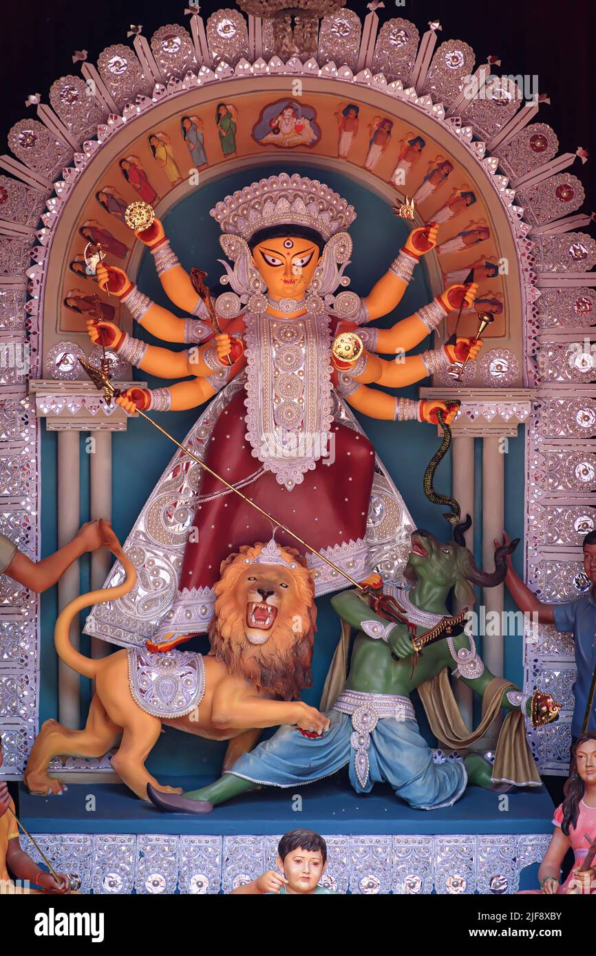 Goddess Durga devi idol decorated at puja pandal in Kolkata, West Bengal, India. Durga Puja is ...