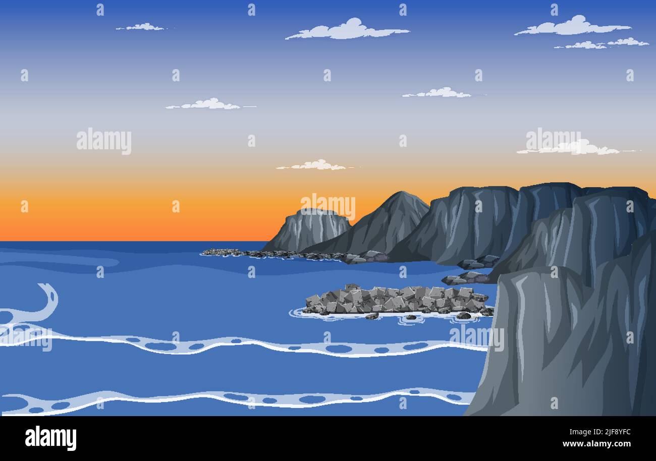 Cliffside beach at dawn scene illustration Stock Vector Image & Art - Alamy