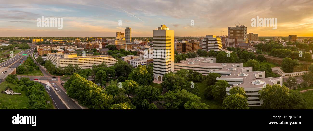 Aerial view of downtown New Brunswick, New Jersey with dramatic ...