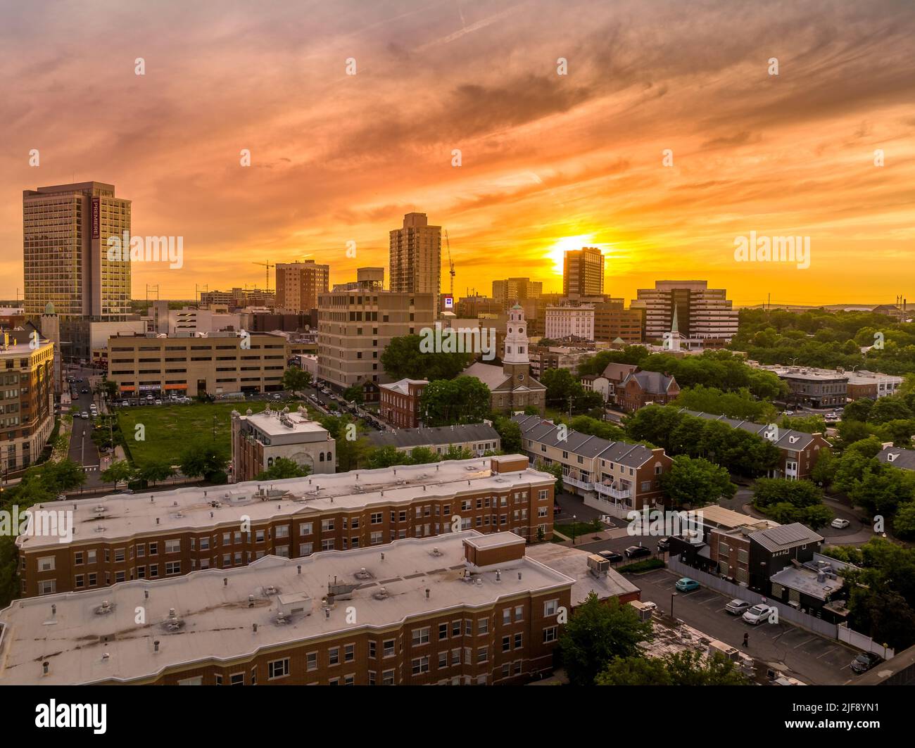 Aerial view of downtown New Brunswick, New Jersey with dramatic ...