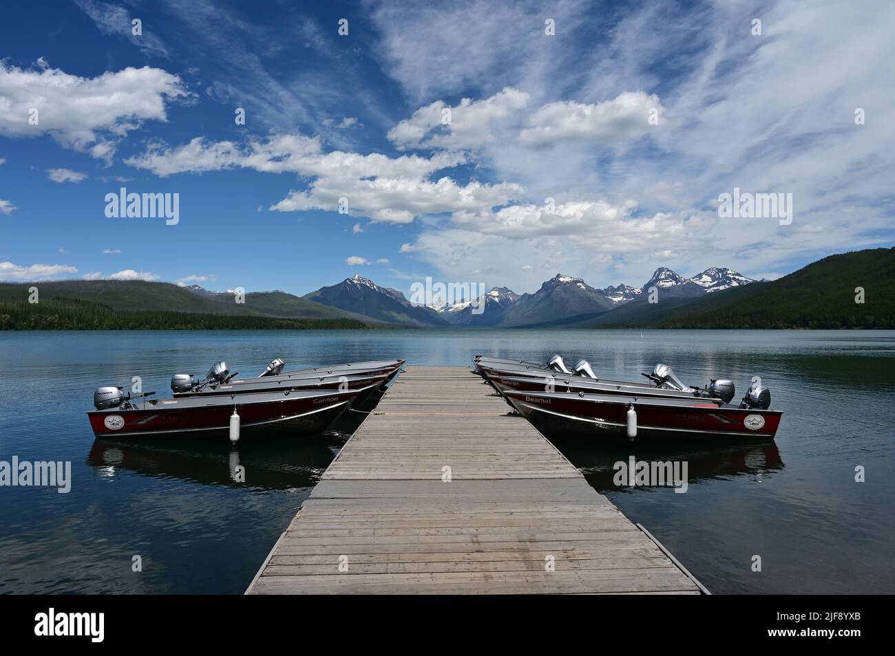 Apgar Village, Montana - 6-23-2022 - Rental outboard boats tied to dock ...