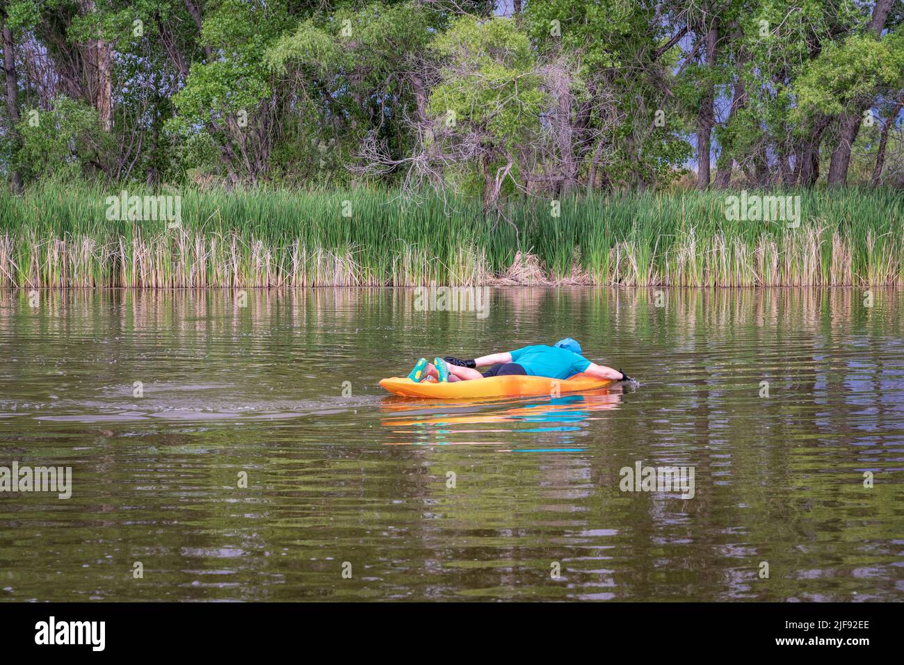 athletic, senior man is paddling a prone kayak on a lake in Colorado ...