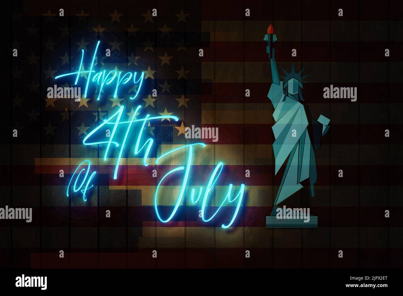 Happy 4th of July neon sign on a Dark Wooden Wall with the Stars and ...