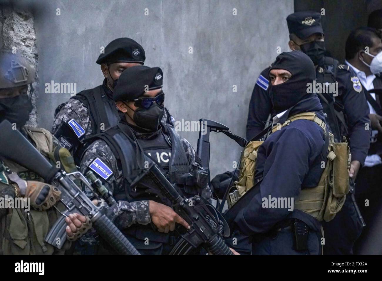 Santa Ana, El Salvador. 30th June, 2022. Police officers patrol in the ...