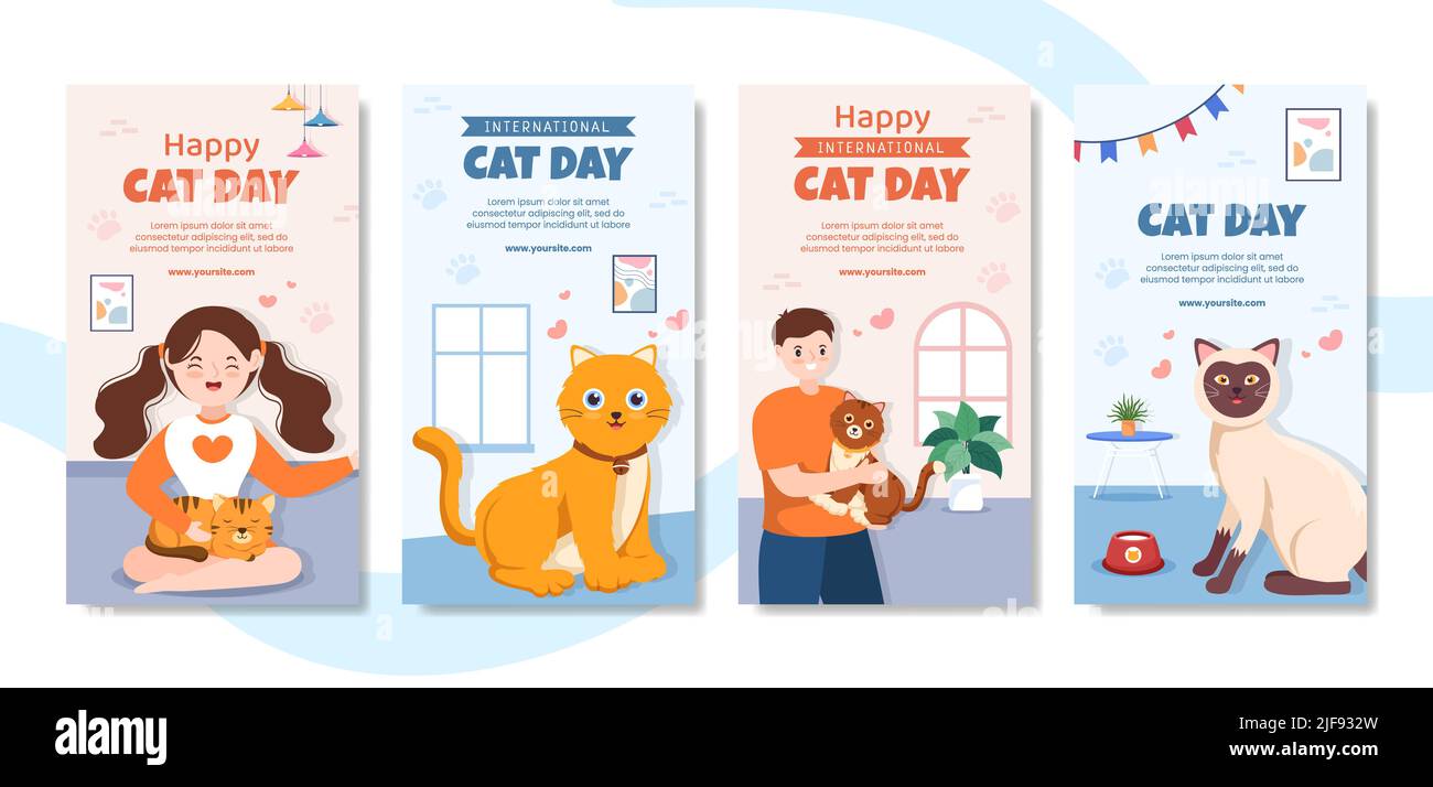 International Cat Day Social Media Stories Template Flat Cartoon ...