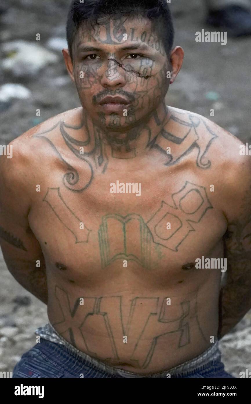 A member of the Barrio 18 Sureños gang looks on while presented by ...
